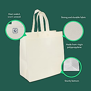 Bagways 10 PACK Reusable Grocery Bags with Handles, Durable, Foldable, Washable Eco-Friendly Shopping Totes, 14x6.5x14 Inch, Cream
