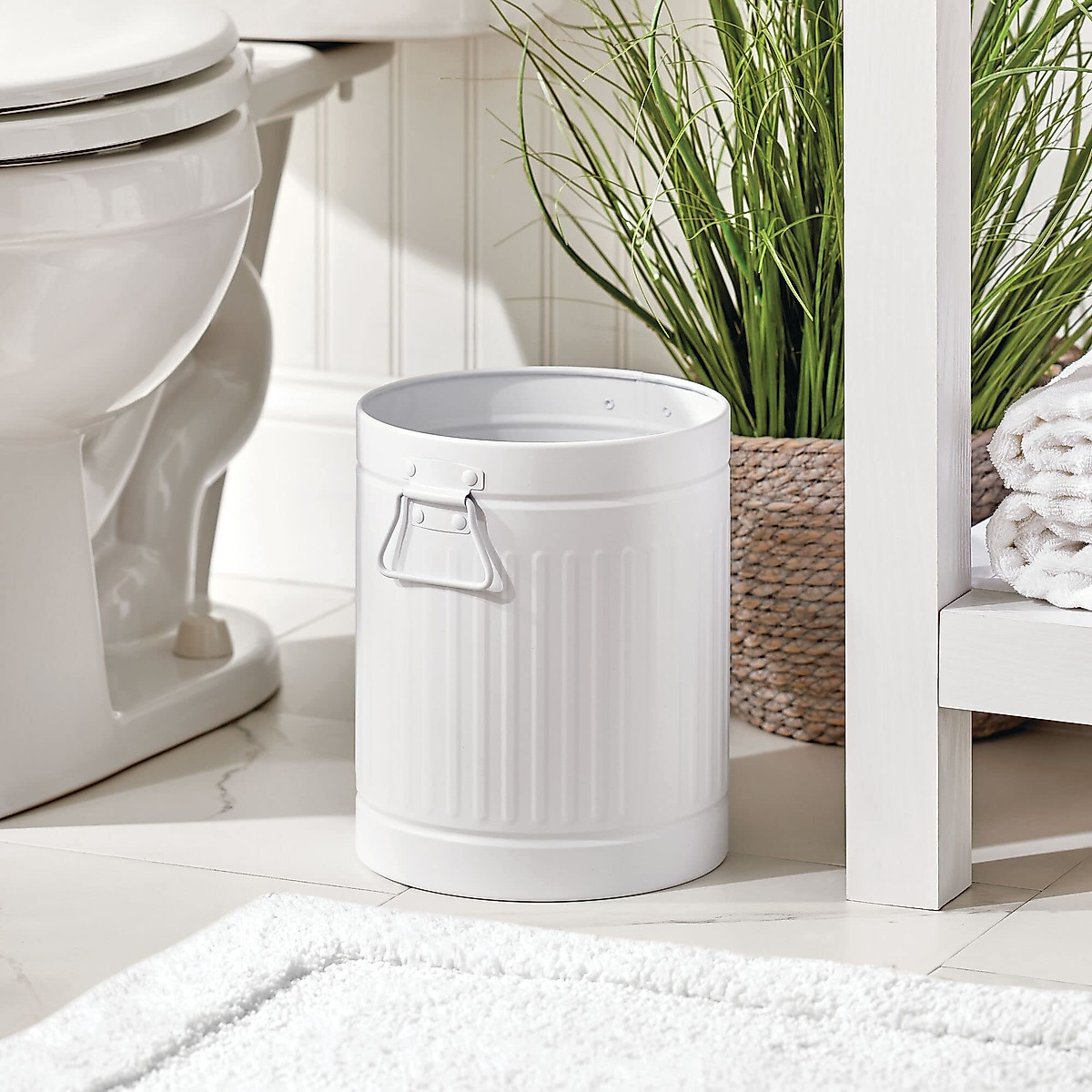 mDesign Steel Metal 2 Gallon/7 Liter Trash Can Wastebasket, Garbage Bin with Handles for Bathroom, Kitchen, Bedroom, Office - Holds Trash, Waste, Garbage, Recycling - White