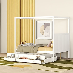Queen Canopy Beds with Trundle Wood 4-Poster Bed with Storage Drawers Modern Queen Size Bed Frame with Headboard for Adults Kids Teens, White