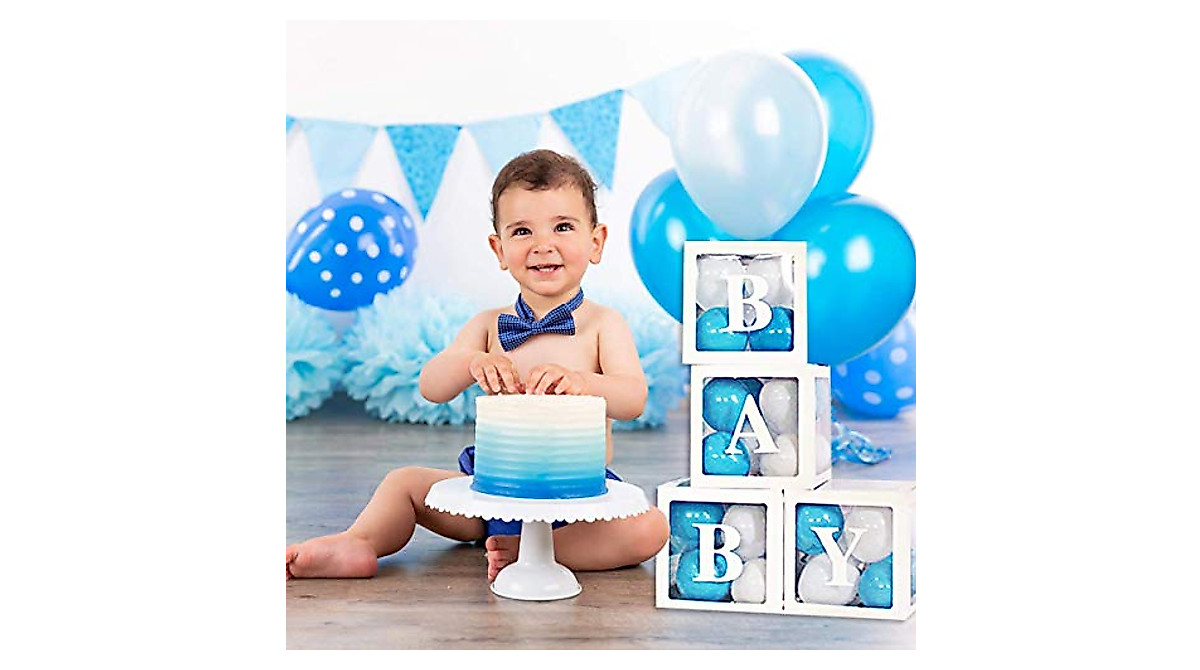 Baby Shower Decorations: Transparent Baby Blocks & Balloon Box Decor