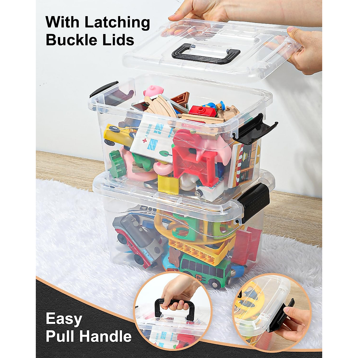 NEATJELAI Plastic Storage Bins with Lids -Storage Organizer Bins with Black Buckle Lids, Stackable Storage Bins with Lids for Home Office Closet Art Supplies Organization,6 Packs, Clear