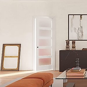 SOLRIG 30" x 80" French Interior Door - 5 Lites Tempered Frosted Glass Pantry Door Panels, Closet & Bathroom Single Door Slab, White Primed, MDF - Panel Need to Assembly