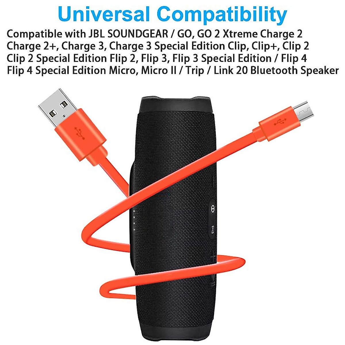 Replacement Micro USB Cable Flat Charging Power Cord Compatible for JBL Charge 2 3, Flip 2 3 4, Pulse 2 Go, Clip Plus, Micro II, Trip, Charge 2 Plus Speakers UE Booms (3.3ft/Orange)