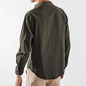 Men's Linen Button Down Dress Shirts Long Sleeve Casual Hippie Cotton Beach T Shirts Solid Color Summer Yoga Tops (Armygreen,4X-Large)