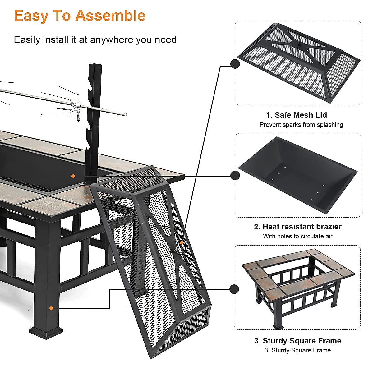 SINGLYFIRE 37 Inch Fire Pit Table with Grill for Outside Large Square Wood Burning firepit Heavy Duty Steel Bonfire Pit Cooking with Spark Screen Log Grate Poker for Backyard Garden Camping