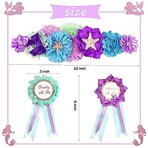 Hombae Mermaid Maternity Sash Belt for Baby Shower, Little Mermaid Under The Sea Supplies Mommy To Be & Daddy To Be Badge Corsage Pin Gender Reveal Pregnancy Belly Belt