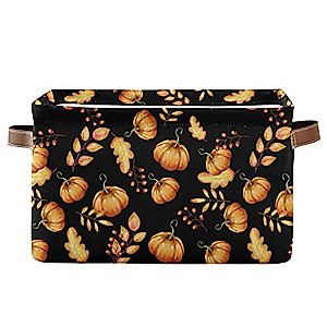 senya Thanksgiving Basket Fall Basket, Large Foldable Storage Basket with Handles Autumn Pumpkin Leaves Fall Thanksgiving Fabric Collapsible Storage Bins Organizer Bag