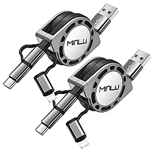 Multi Charging Cable 3A 2Pack 3.3ft 3-in-1 Retractable Fast Charger Cord USB Charge Sync Cable with Lightning/Type C/Micro USB Ports for iPhone/iPad/iPod/Samsung Galaxy/LG/Huawei/HTC/Pixel/Sony/Moto