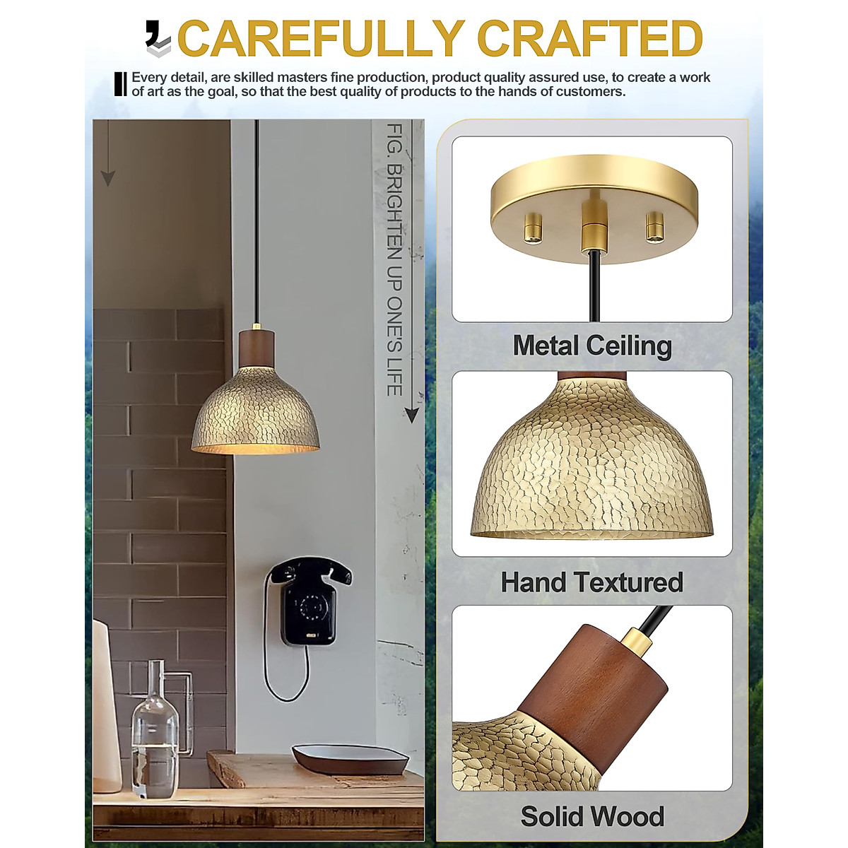 2 Pack 1 Light 8” Vintage Gold Pendant Light Fixtures,Industrial Hammer Metal Hanging Light Rubber Wood Brushed Brass Finish Pendant Lamp for Kitchen Island,Farmhouse Dining Room Over Sink