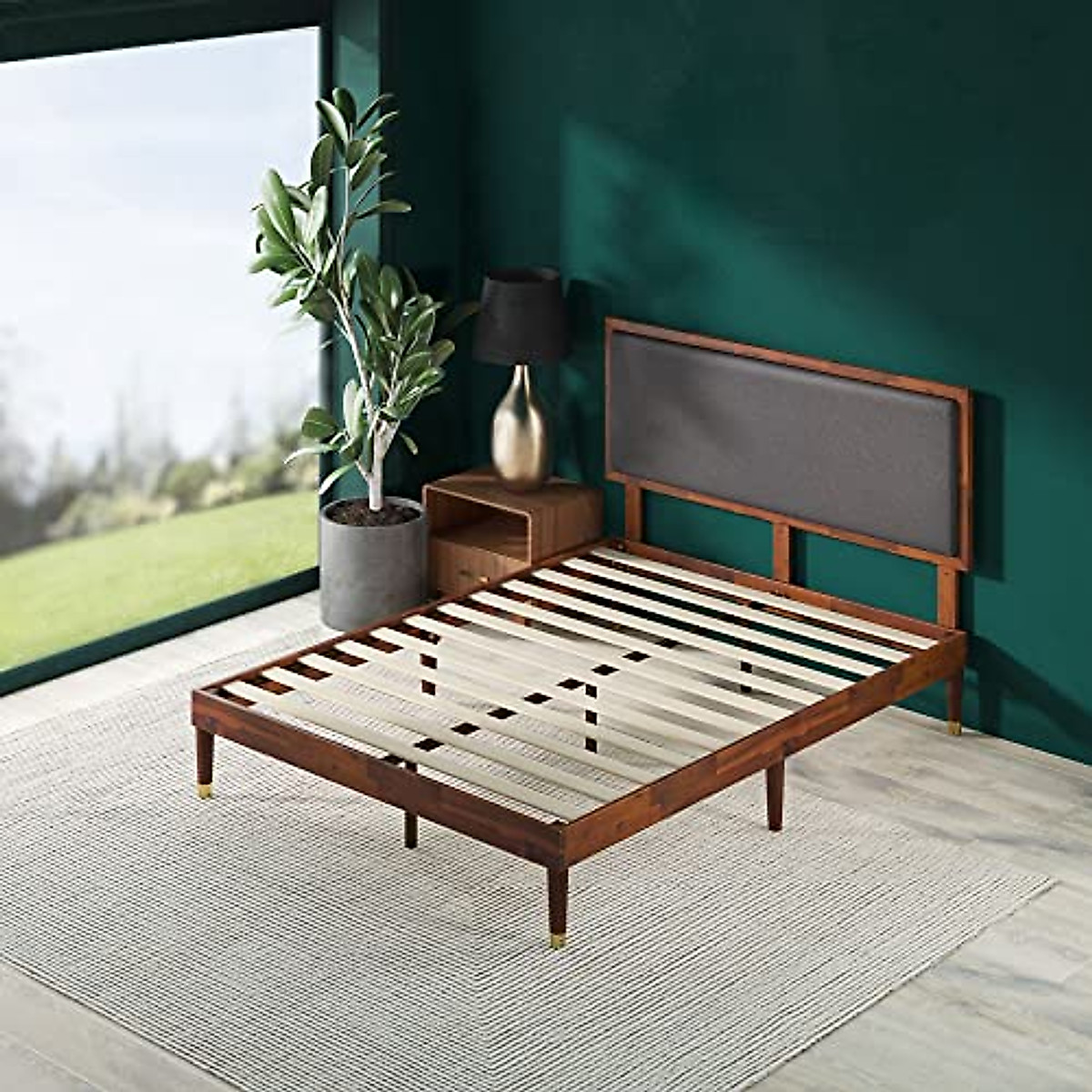 ZINUS Raymond Wood Platform Bed Frame with Adjustable Upholstered Headboard / Solid Wood Foundation / Wood Slat Support / No Box Spring Needed / Easy Assembly, Queen