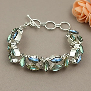 35.90 Cts Natural Labradorite 925 Silver Plated Handmade Bracelet For Women, Birthstone Bracelet Jewelry Gifts For Her Wife Women Girfriend