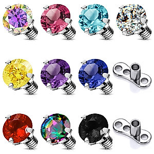 BodyAce 14G 10-12Pcs Surgical Steel Dermal Anchor Tops, Internally Threaded Dermal Piercing Jewelry Base, Cubic Zircon Implant Skin Piercing Kits (4mm Dermal Tops)