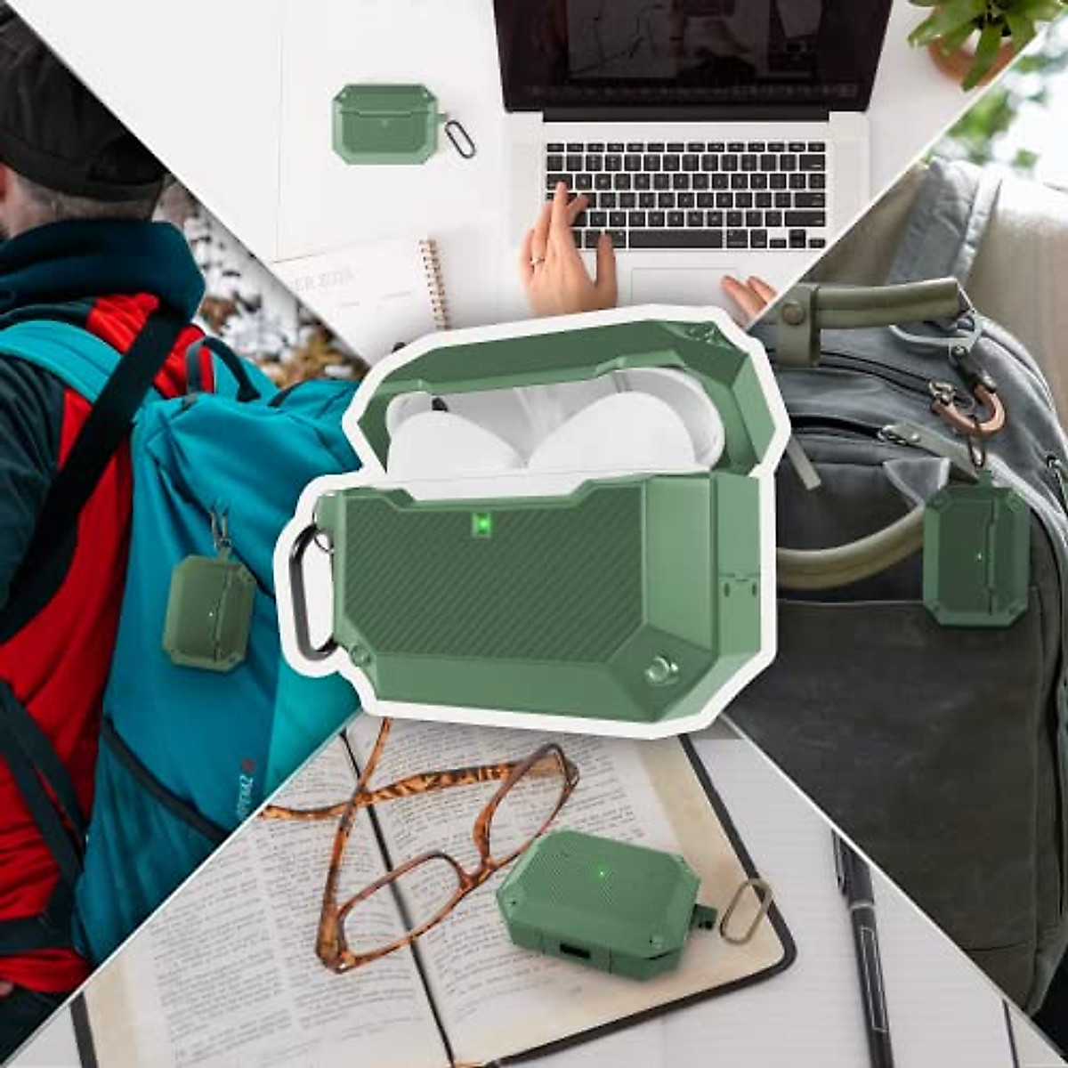 Blaspins AirPods Pro Case, Military Design TPU Hard Shell, Full-Body Rugged Protective Cover Case Skin Shockproof, Secure Lock Clip with Keychain for AirPod Pro 2019 [Front LED Visible] TPU - Green