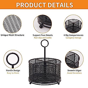 Spacrea Pencil Holder for Desk - 360°Degree Rotating Pen Organizer, Desk Organizer with 4 Compartments, Pen Holder for Desk, For School, Classroom, Office, Art Supplies(Black)