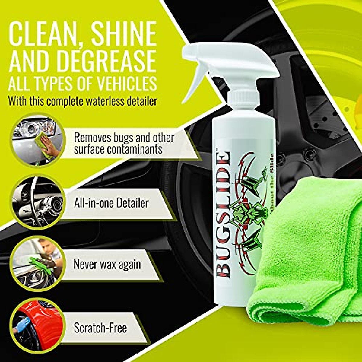BugSlide 16 Oz Shop Kit with Microfiber Towel - Bug Remover and Automotive Polish - Multisurface Cleaning and Car Detailing Solution that Shines and Degreases without Scratching