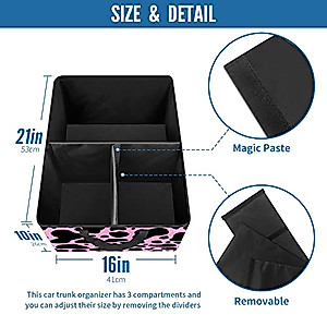 Car Trunk Organizer Pink And Black Cow Print Spot Car Back Seat Large Storage Organizer with 3 Divider Compartments Collapsible Trunk Cargo Organizer Groceries Tote for SUV Truck Camping Picnic