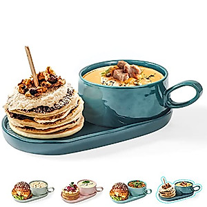 Artena Solid Soup and Sandwich Plate combo, 18 oz Soup Bowls/Mugs/Cups with Handles in 9.85-inch Ceramic Plates, Glazed Soup and Side/Cracker Bowls Sets for Breakfast, Bread Dipping Bowls, Teal Blue