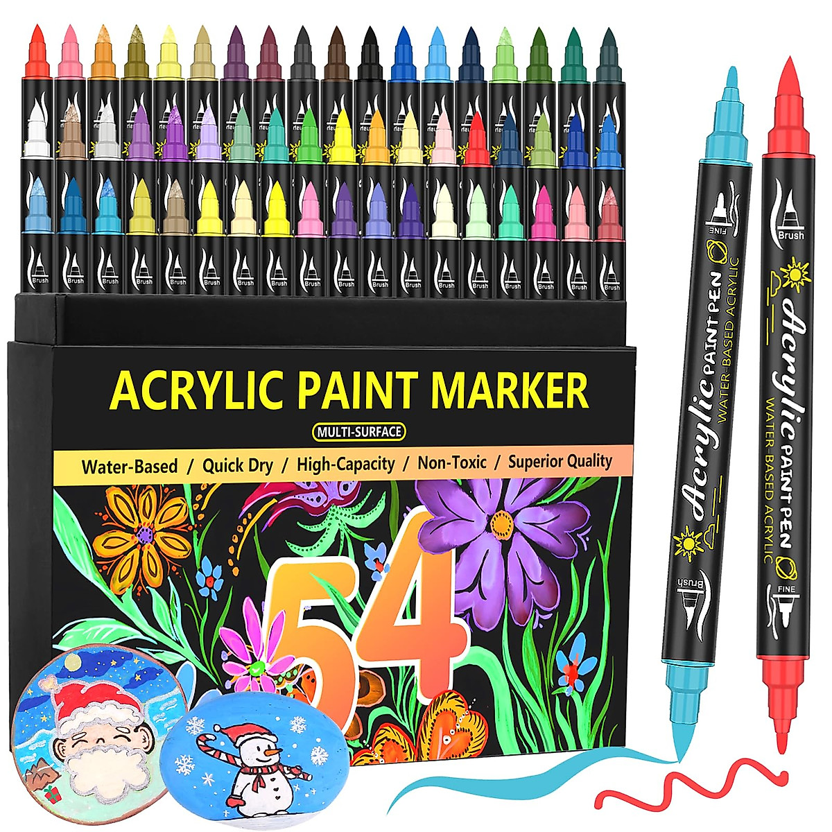 EscriWise 54 Colors Acrylic Paint Pens Paint Markers Set,Dual Tip Paint Markers With Fine Tip and Brush Tip,Premium Paint Pens for Stone,Canvas,Rock Painting,DIY Craft Art Supplies,Glass