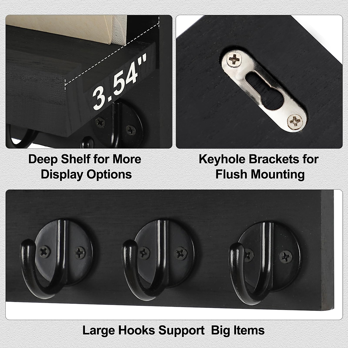 Lwenki Key Holder Wall Mount - 9.8" x 6.7" x 4.2" Entryway Organizer with 5 Metal Hooks Holds Wallet, Sunglasses, Bags, Dog Leash - Real Paulownia Wood Decorative Key Hanger with Shelf (Black)