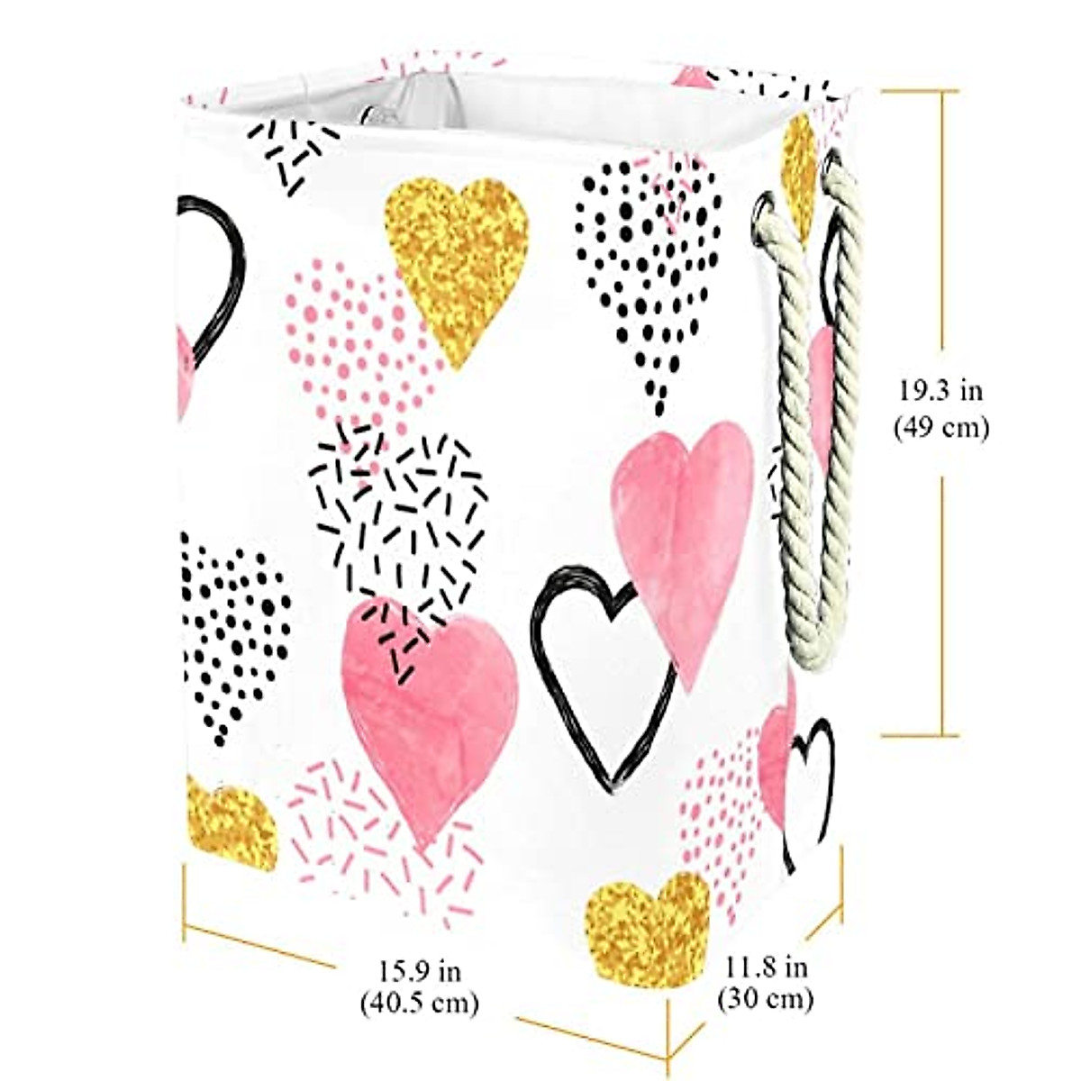 Inhomer Glittering Gold Pink Hearts Pattern Large Laundry Hamper Waterproof Collapsible Clothes Hamper Basket for Clothing Toy Organizer, Home Decor for Bedroom Bathroom