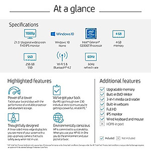 HP All-in-One Desktop Computer 21.5 FHD Screen/ Intel Celeron G5900T/ 4GB DDR4 RAM/ 256GB SSD/DVD-Writer/AC WiFi/HDMI/Bluetooth/Blue/Windows 10 Home (Renewed)