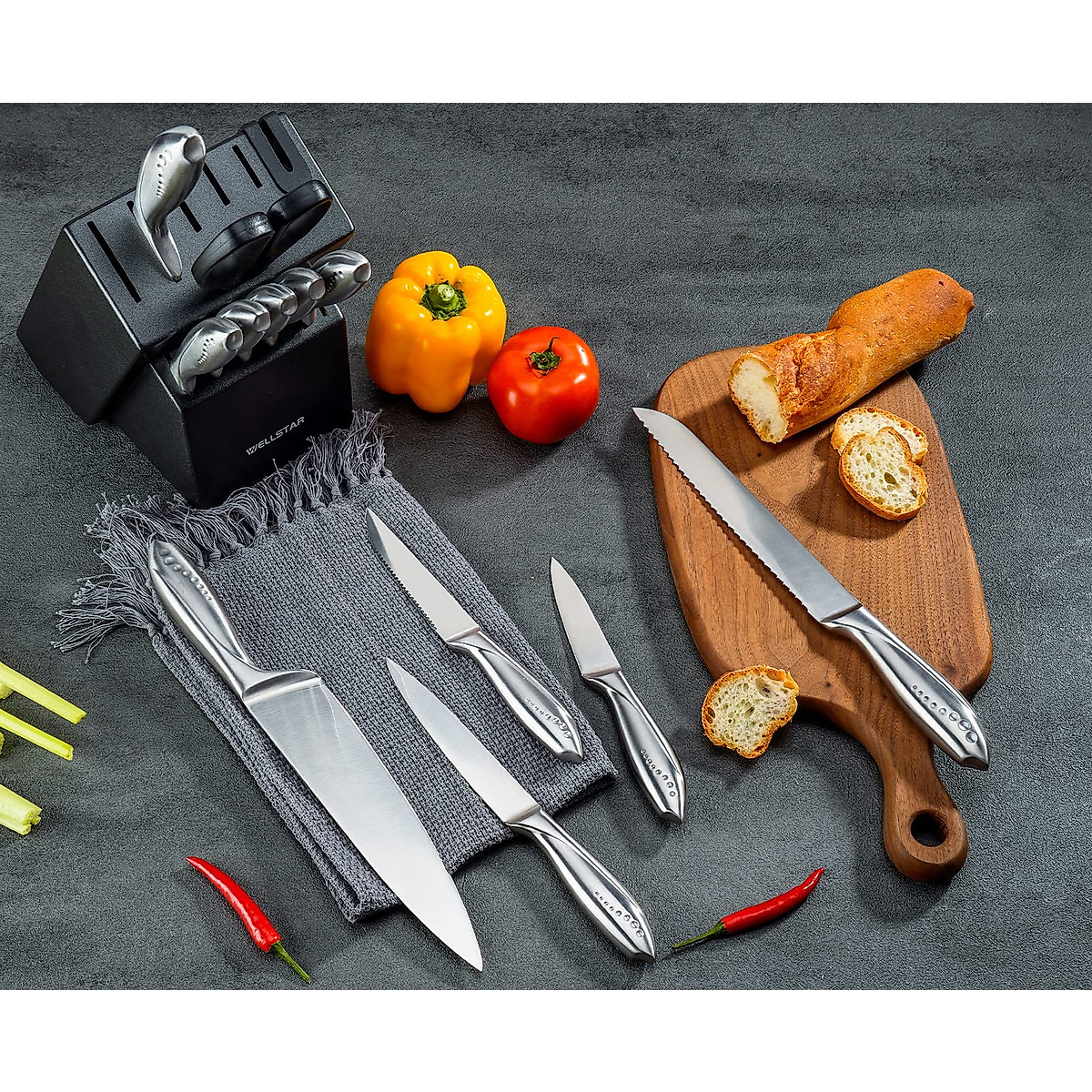 WELLSTAR Knife Set, Super Sharp German Stainless Steel Kitchen Knives Set with Wooden Block, Durable All Stainless Steel Handle, Chef’s Knife Block Set 14-Piece with Scissors and Built-in Sharpener