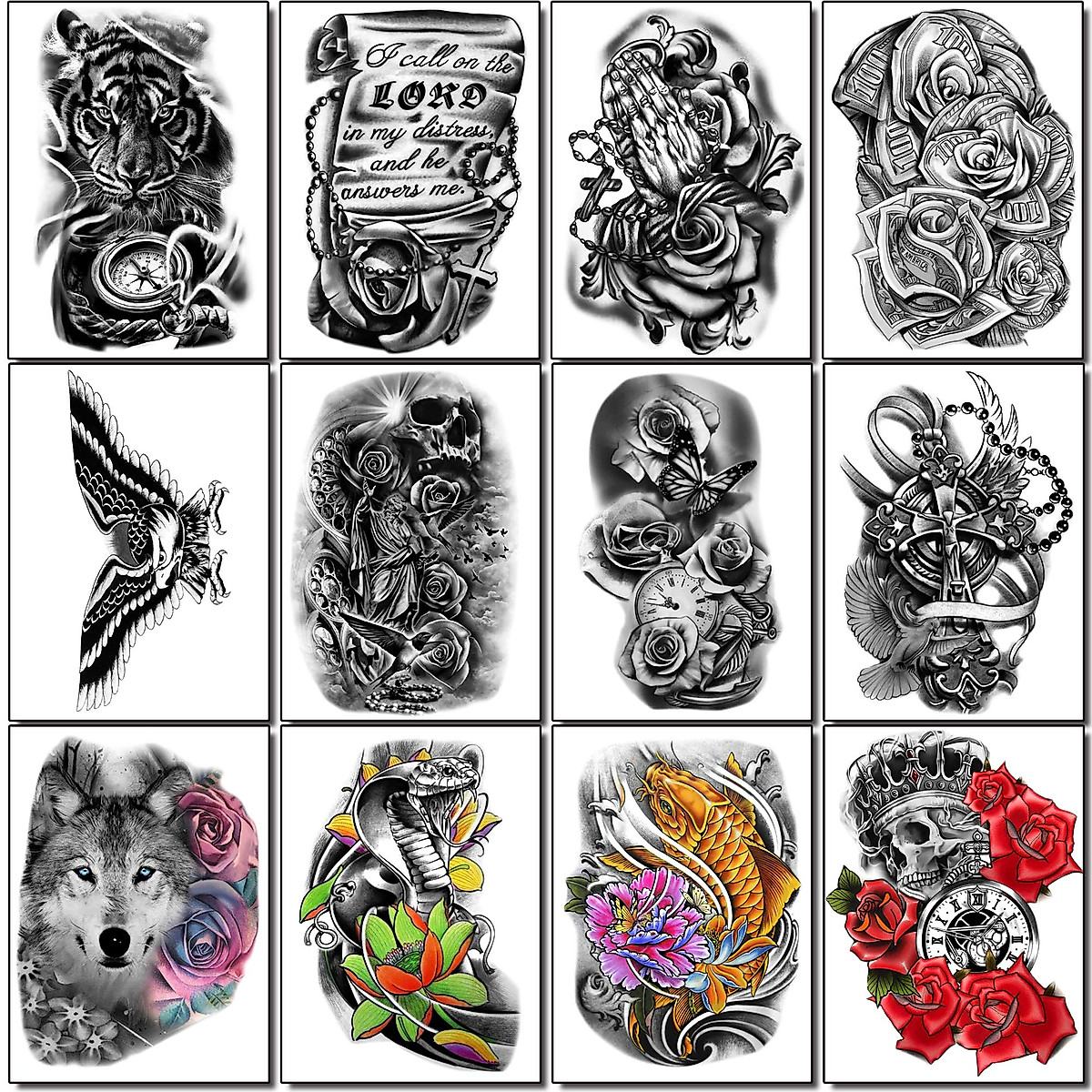 Yazhiji 36 Sheets Temporary Tattoos Stickers Include 12 Sheets Large Stickers Fake Body Arm Chest Shoulder Tattoos for Men and Women