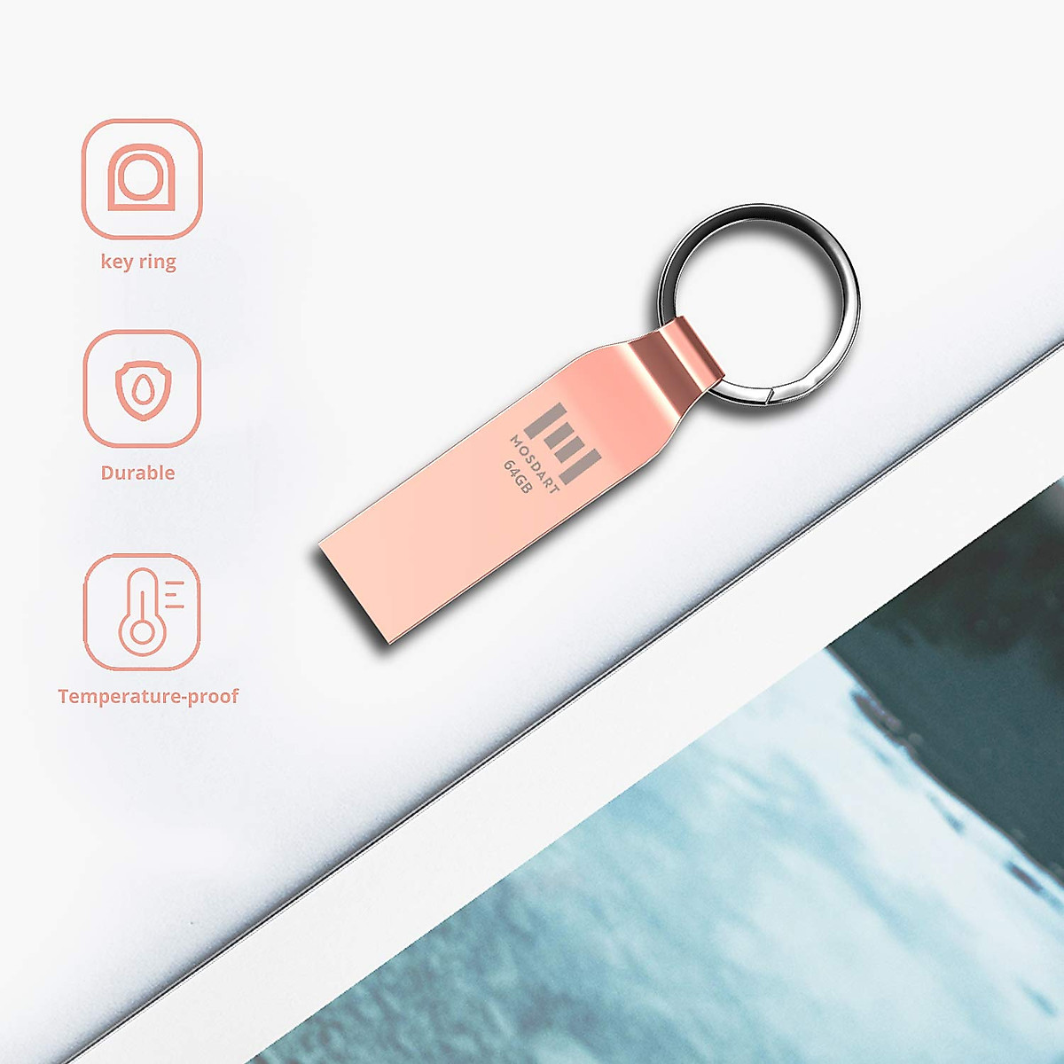 MOSDART 64GB USB 2.0 Flash Drive Metal Keychain exFAT Zip Drive Waterproof Thumb Drive 64 GB Dustproof USB2.0 Jump Drive 64G Shockproof Memory Stick for Storage and Backup,Rose Gold