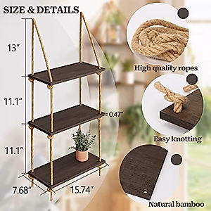 BAMFOX Hanging Wall Shelves,Swing Rope Floating Shelf,3 Tier Bamboo Hanging Storage Shelves for Living Room/Bedroom/Bathroom and Kitchen …