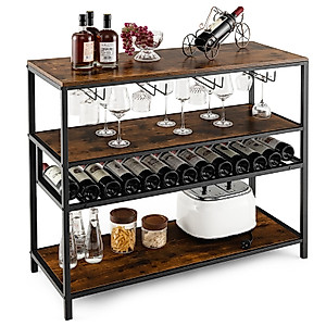 Giantex Industrial 4-Tier Wine Rack Table, 13-Bottle Wooden Wine Bar Cabinet with Wine Rack, 20 Glasses Holder, Wine Storage Rack with Metal Frame, Wine Rack Freestanding Floor, Rustic Brown