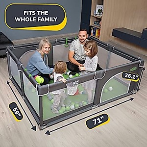 Ocodile Baby Playpen with Mat - Extra Large Play Yard with Mesh Sides for Your Toddler - 50 Balls and 4 Rings Gray