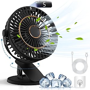 JUMGREEN 5 Speeds Clip on Fan Rechargeable - Mini USB Portable Desk Fan with Clip, LED Display Powerful Silent Table Fan, 720°Flexible Rotation for Bed, Home, Stroller, Sport, Camping (Black)