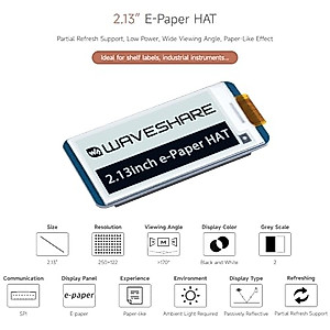 Waveshare 2.13inch E-Paper Display HAT Compatible with Raspberry Pi 5/4B/3B/Zero/Zero W/Zero 2W/Pico/Pico W/Pico WH/Jetson Nano, 250x122 Resolution Black/White Dual-Color