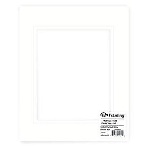 PA Framing Double Photo Mat Board, Pre-cut Framing Mat - White Core, Soft White, 8"x10" (Frame), 5"x7" (Photo)