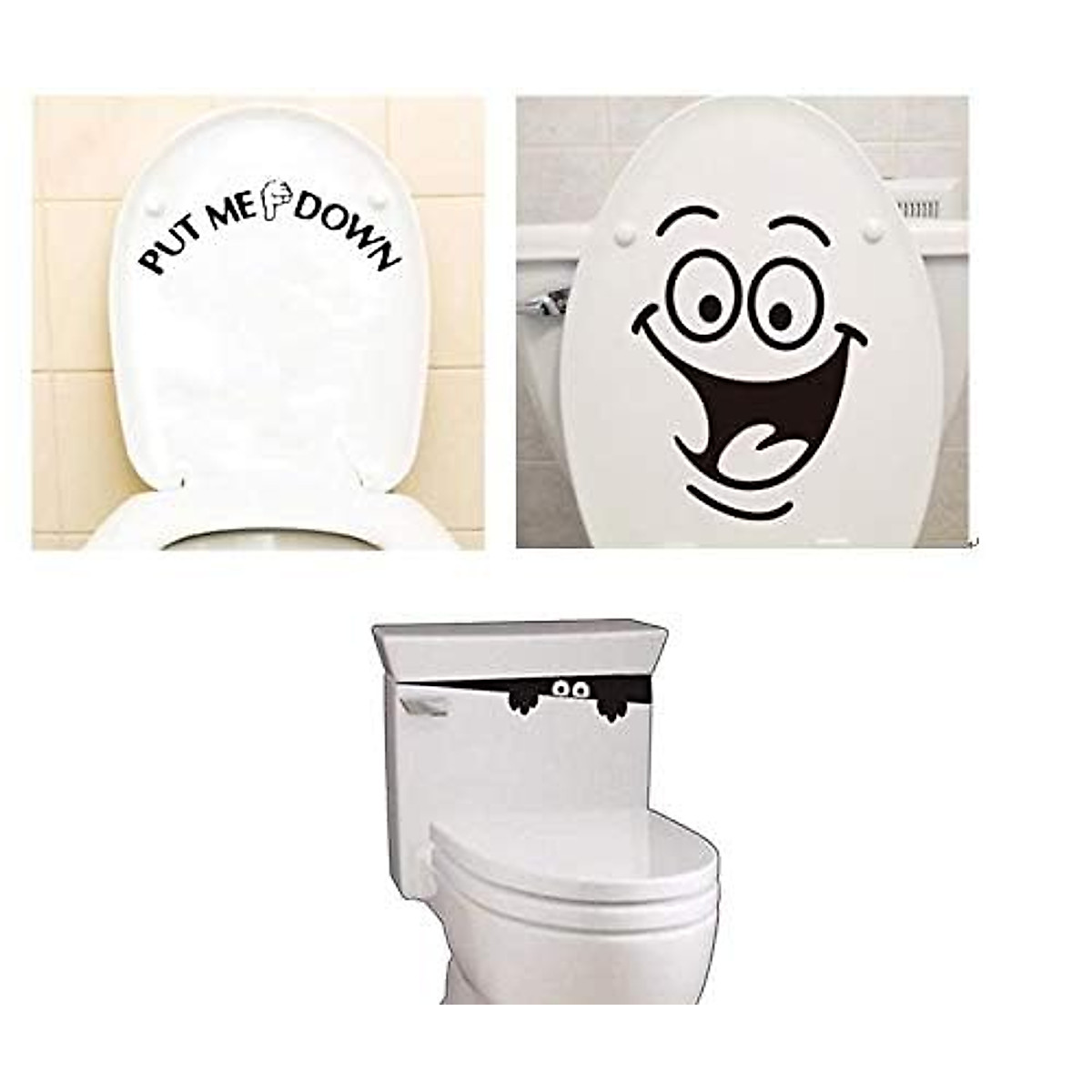 POPIGIST 3pcs Combo Washroom Room WC Toilet Seat Stickers Put ME Down Monster Smiley Face Wall Art Decal Sticker Funny Kids Potty Training