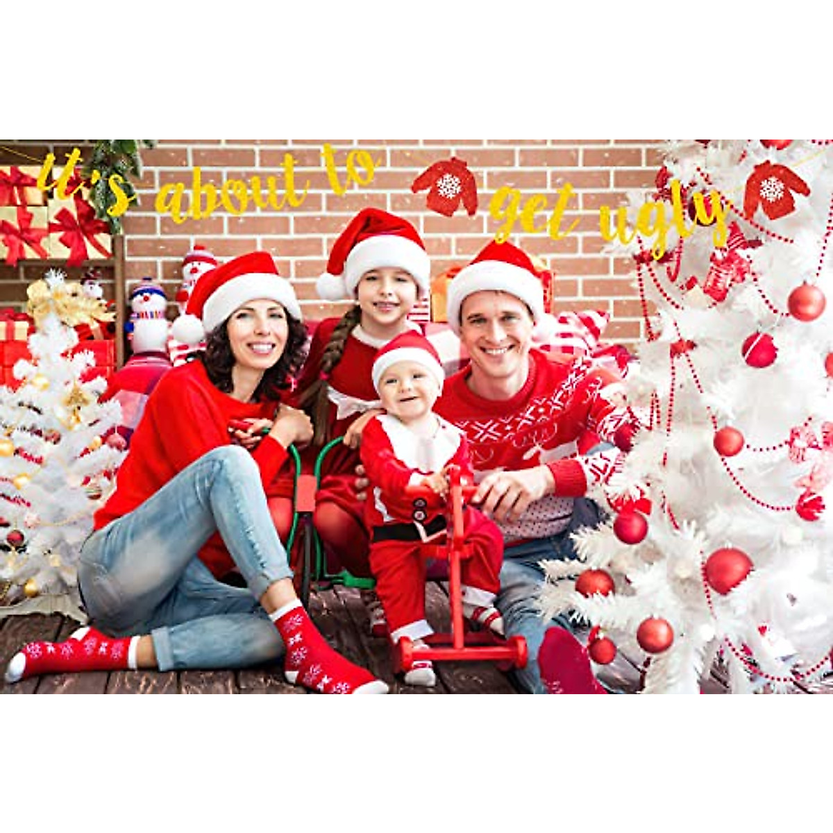 It's About To Get Ugly Banner Gold Glitter - Christmas Ugly Sweater Party Decorations,Ugly Christmas Sweater Party Supplies, Grinch Christmas Decorations,Christmas Elf Party Decorations,Christmas Party Decorations(Pre-Assembled)