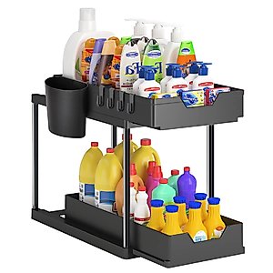 Omloon Under Sink Organizers and Storage,2 Tier Sliding Basket Bathroom Organizer, Under Cabinet Storage Rack with Hooks, Hanging Cup Multi-purpose Drawer Shelf for Bathroom Kitchen Countertop, Black