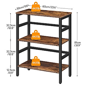 HOOBRO 3 Tier Bookshelf, 23.6"L Industrial Bookcase, Record Storage Rack with Side Fence, Wood Storage Shelf with Metal Frame, Rustic Open Display Shelf for Living Room, Bedroom, Rustic Brown BF86CJ01