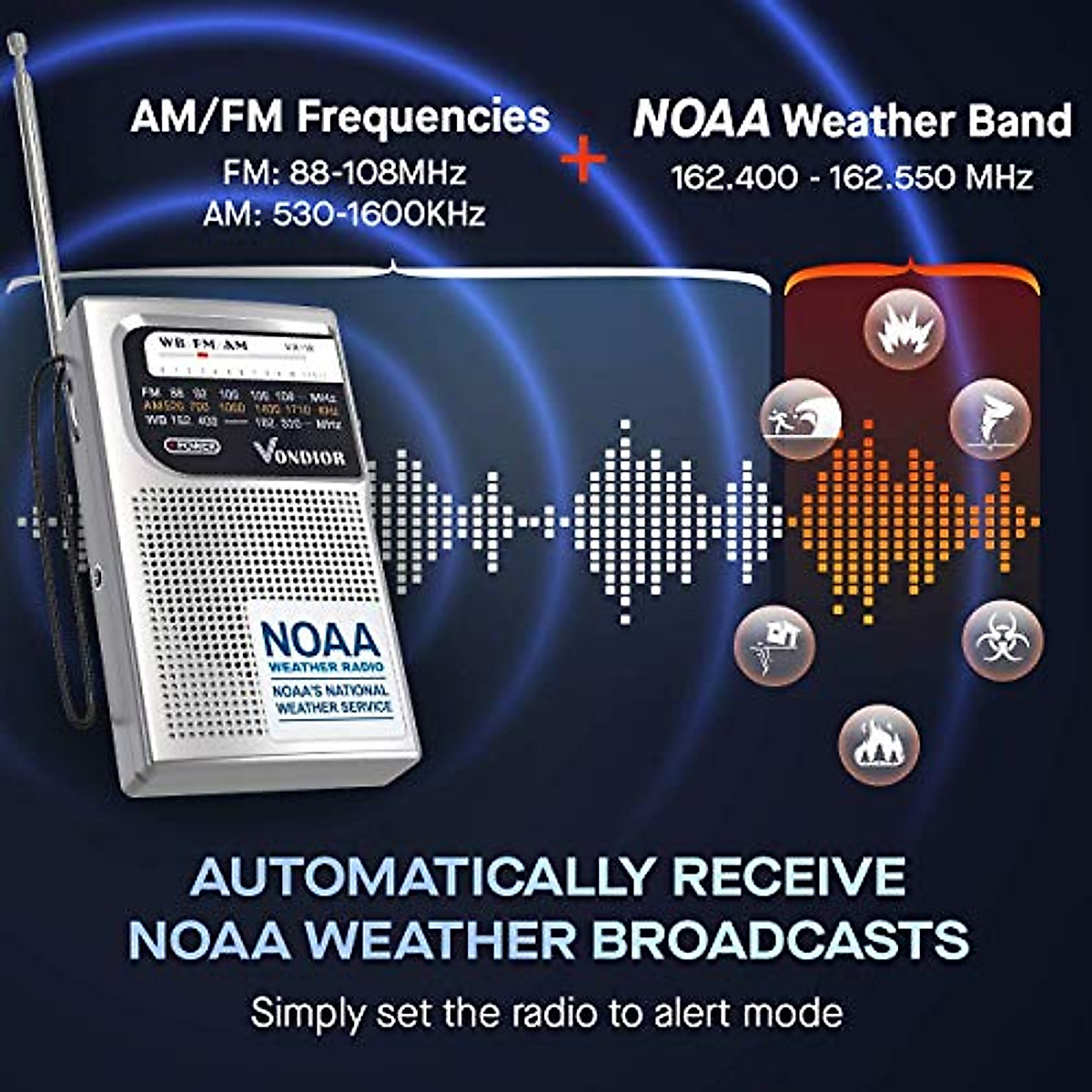 NOAA Weather Radio - Emergency NOAA/AM/FM Battery Operated Portable Radio with Best Reception and Longest Lasting Transistor. Powered by 2 AA Battery with Mono Headphone Socket, by Vondior (Silver)