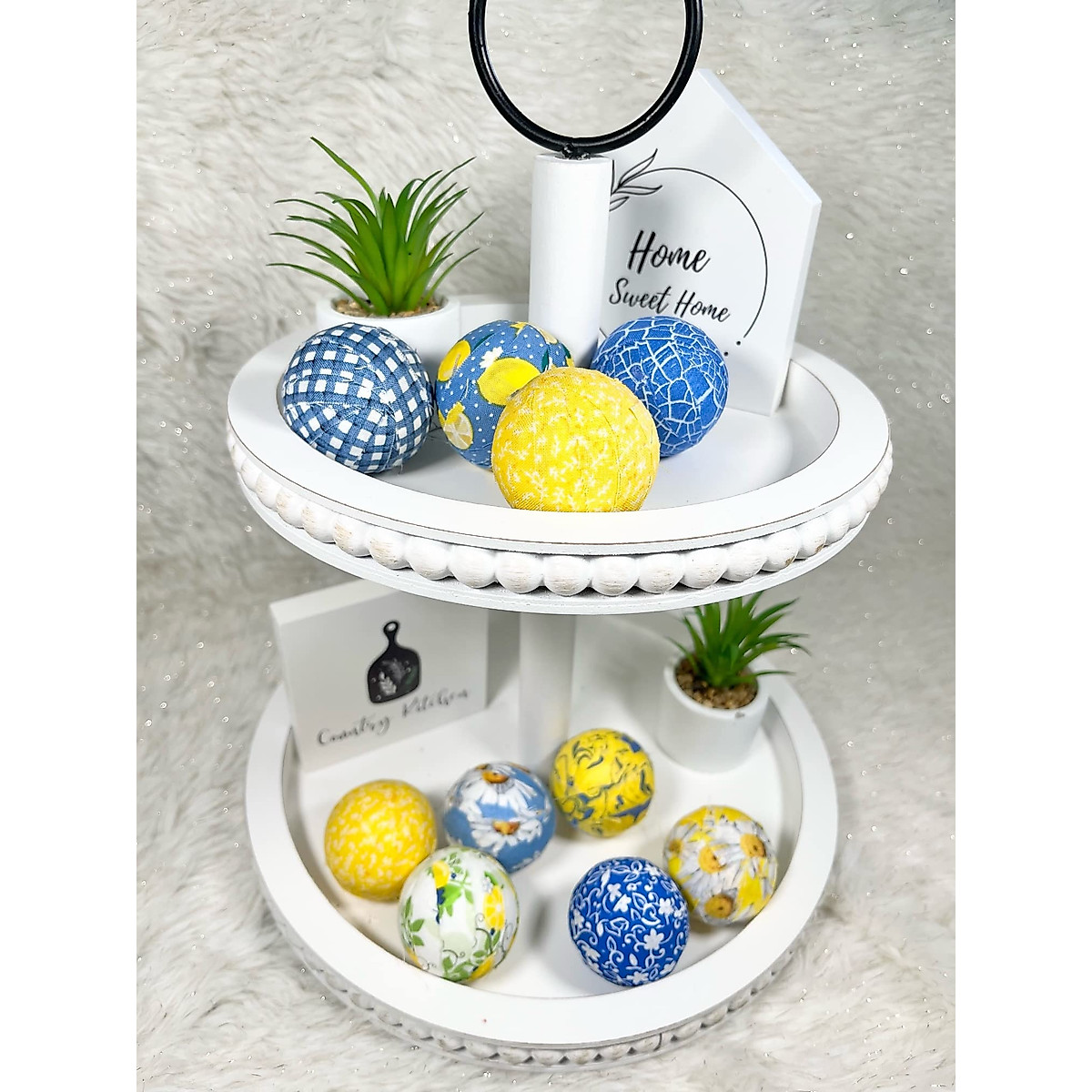 Sunshine Garden Blue Yellow floral fabric wrapped bowl fillers, set of 10 trendy home decor, flowers, dough bowl vase, basket, apothecary jar, blue white yellow