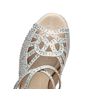 AOQUNFS Rhinestones Latin Dance Shoes Salsa Ballroom Practice Perfermence Dance Shoes for Women, Silver-L458-7.5,US7