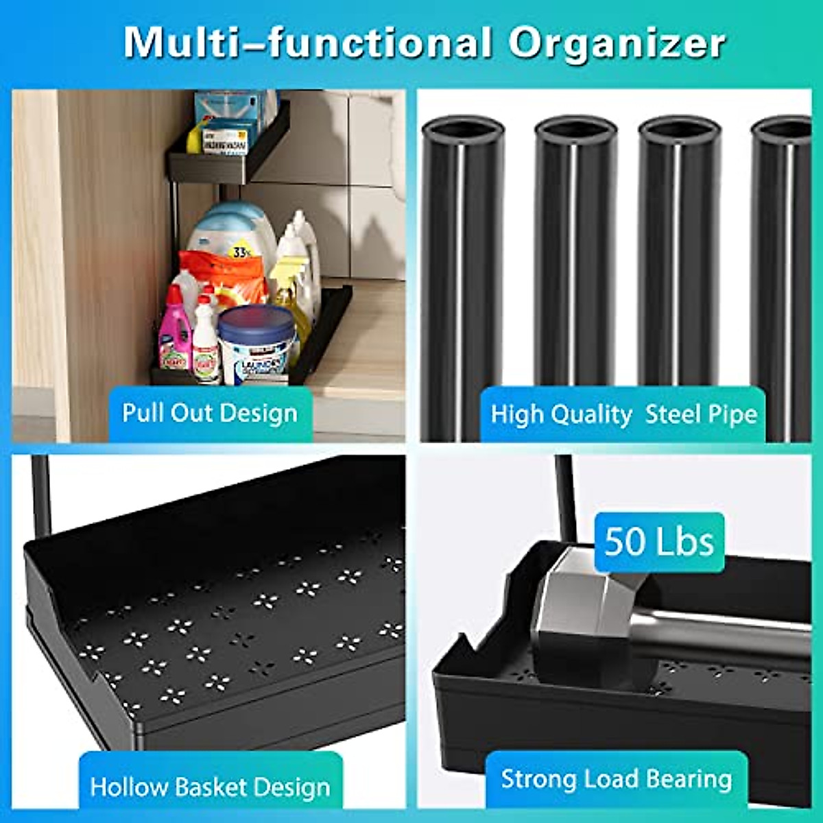 Beriflai Under Sink Organizer 2 Packs, 2 Tier Under Sink Organizers and Storage, Sliding Pull Out Cabinet Basket Organizer for Bathroom Kitchen Pantry, Black