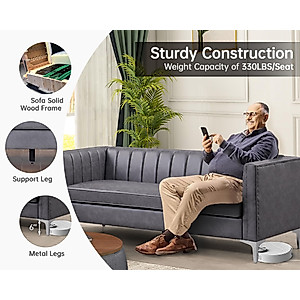 Morden Fort Living Room Chair and Sofa Couch Set, 2 Pieces of Modern Minimalist Upholstered Faux Leather Furniture with Metal Legs for Bedroom, Apartment, Lounge Room Grey