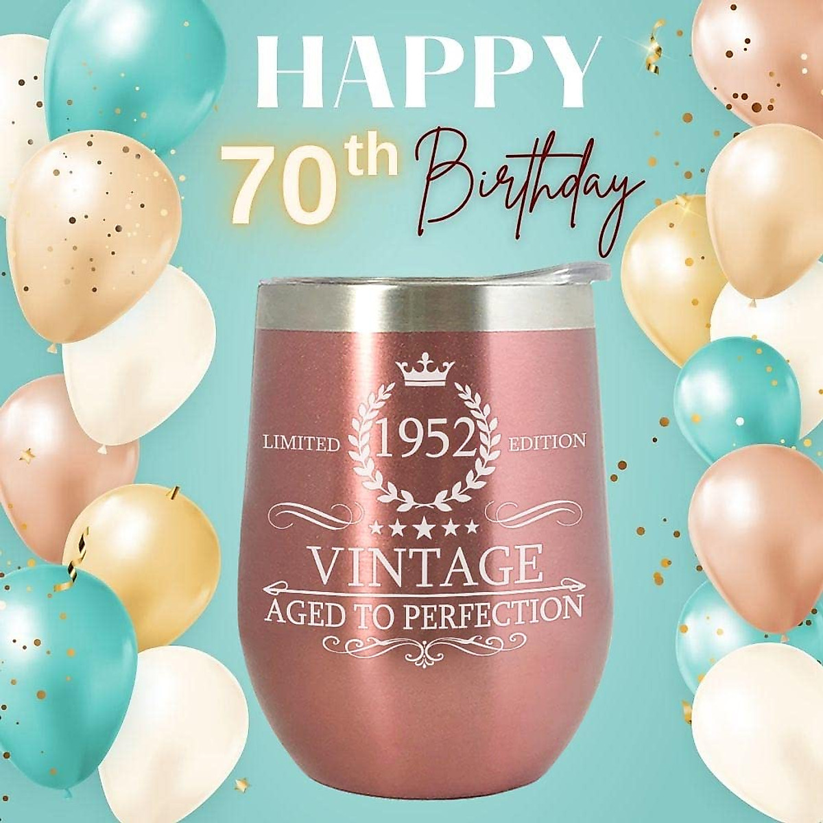 1952 72nd Birthday Presents for Women/Men |Vintage Aged to Perfection Insulated Stainless Steel Tumbler/Coffee Cup/Mug/Wine Glass w/Lid & Straw/Funny Anniversary Ideas (12 oz, 1952 Rose Gold)