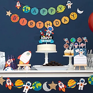Set of Astronaut Happy Birthday Cake Toppers-with a Space Theme The Rocket Planet space ship Decorations for a Baby Shower, Boy or Girl's Birthday Party