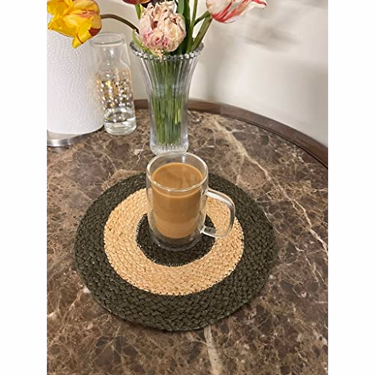 Premium Jute Placemats Set - Golden Fiber Collection | 100% Natural and Eco-Friendly | Soft & Durable | Round 13" x 13" | Dining Room Table Mat in Green and Natural Jute Color (Set of 6)
