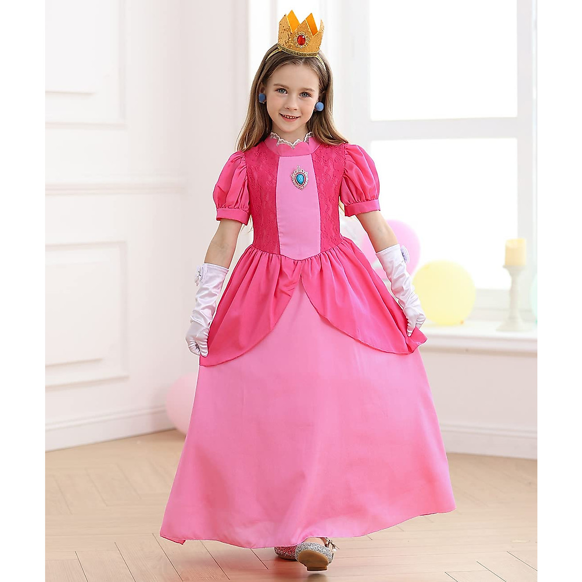 Luzlen Princess Peach Costume for Girls Kids Toddler Princess Peach Dress Halloween Cosplay Birthday Party Pink Outfits, 6-7Y(Tag 130)