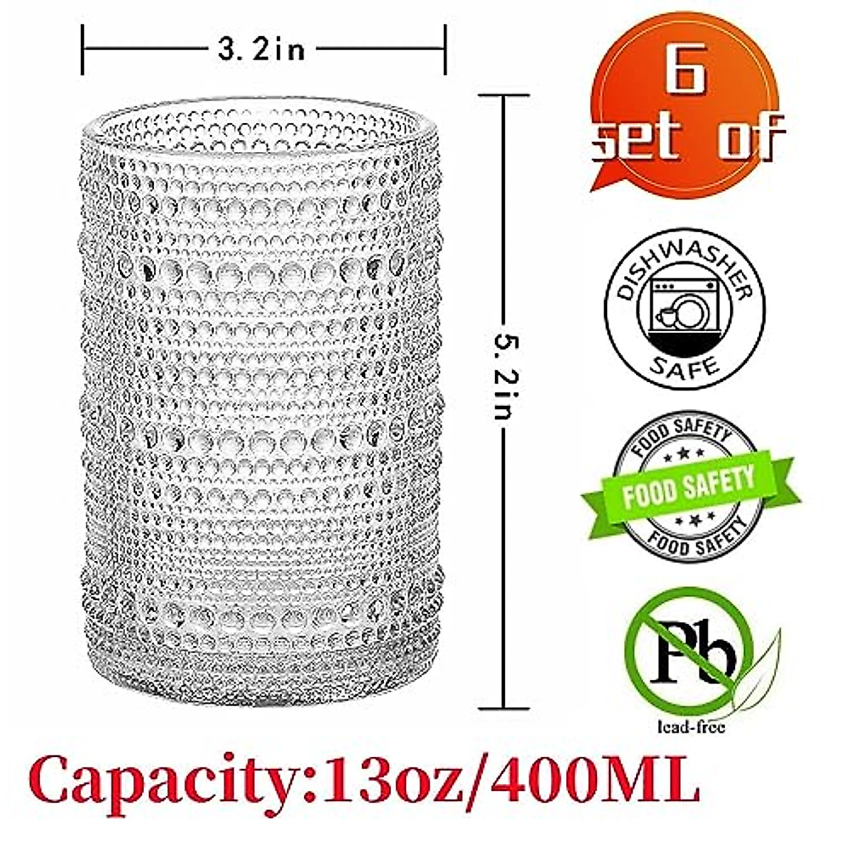 Dingerjar Hobnail Drinking Glasses set of 6（13 oz） Hobnail Water KItchen Glassware, Embossed Vintage Juice Glasses Tall Bar Drinkware