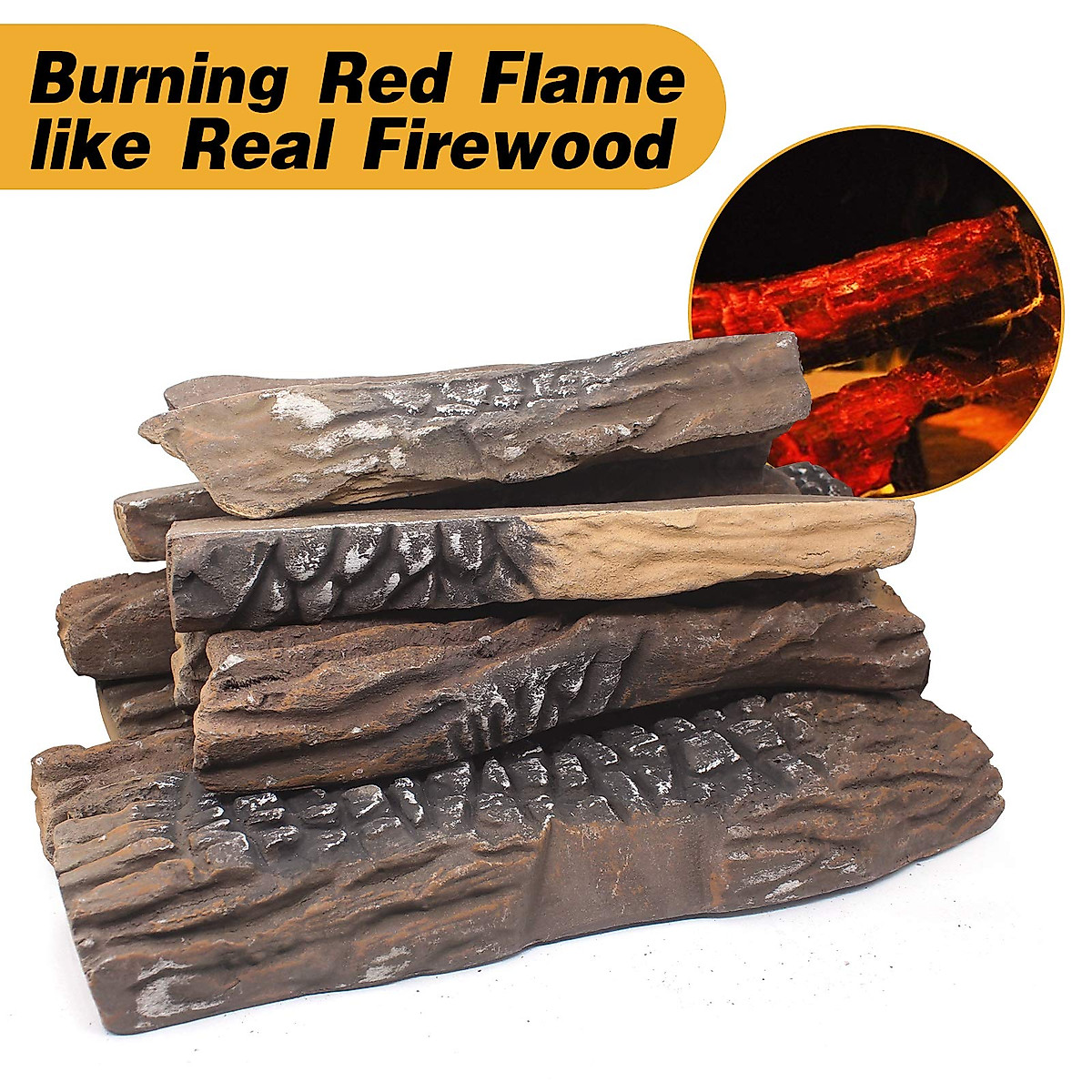 Gas Fireplace Logs,10pcs Large Faux Firepit Logs, Decorative Ceramic Wood Log Set for Indoor Outdoor Gas Insets, Vented,Ventless, Electric,Ethanol,Gel Fireplaces