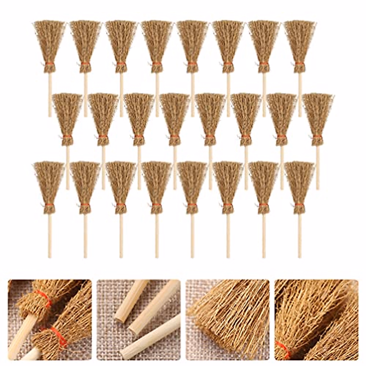 COHEALI Mini Broomsticks Cinnamon Broomstick 24pcs Practical Small Broom Natural Palm Mini Broom Decorations with Red Rope Household Broom Decoration Miniatures for Crafts Mini Witches Broomsticks